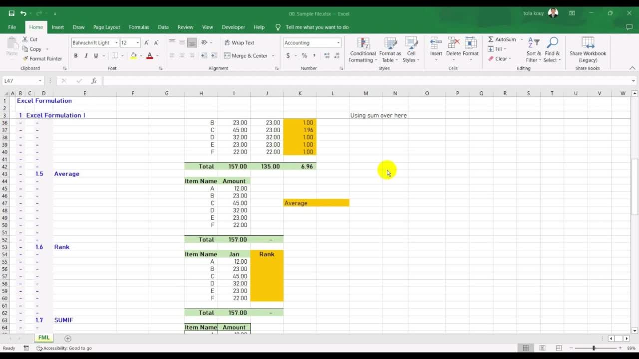 Excel Formulation - TNAOT