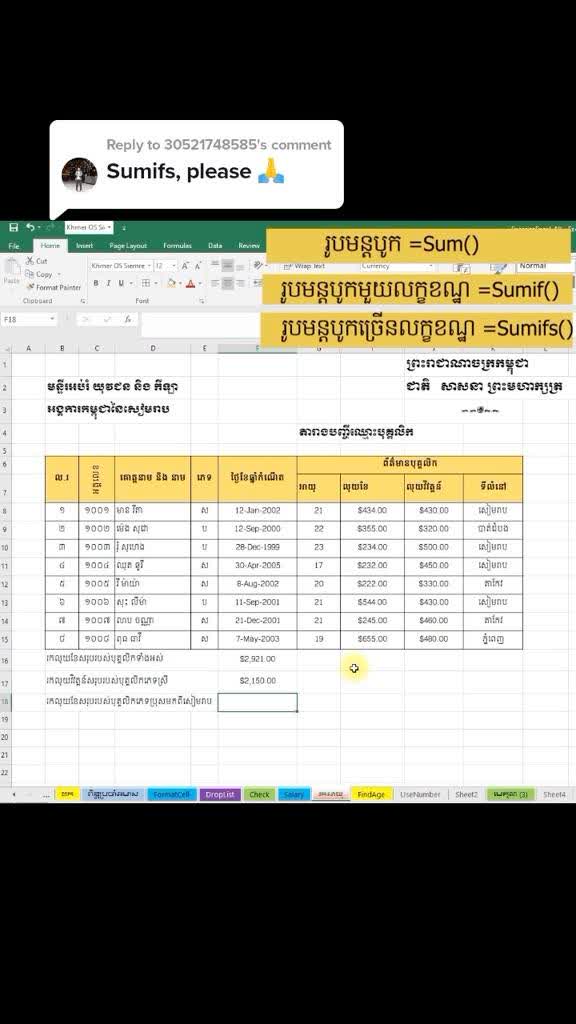 ការប្រេីប្រាស់រូបមន្តនៅក្នុង excel ដោយប្រេី SUM និង SUMIF - TNAOT